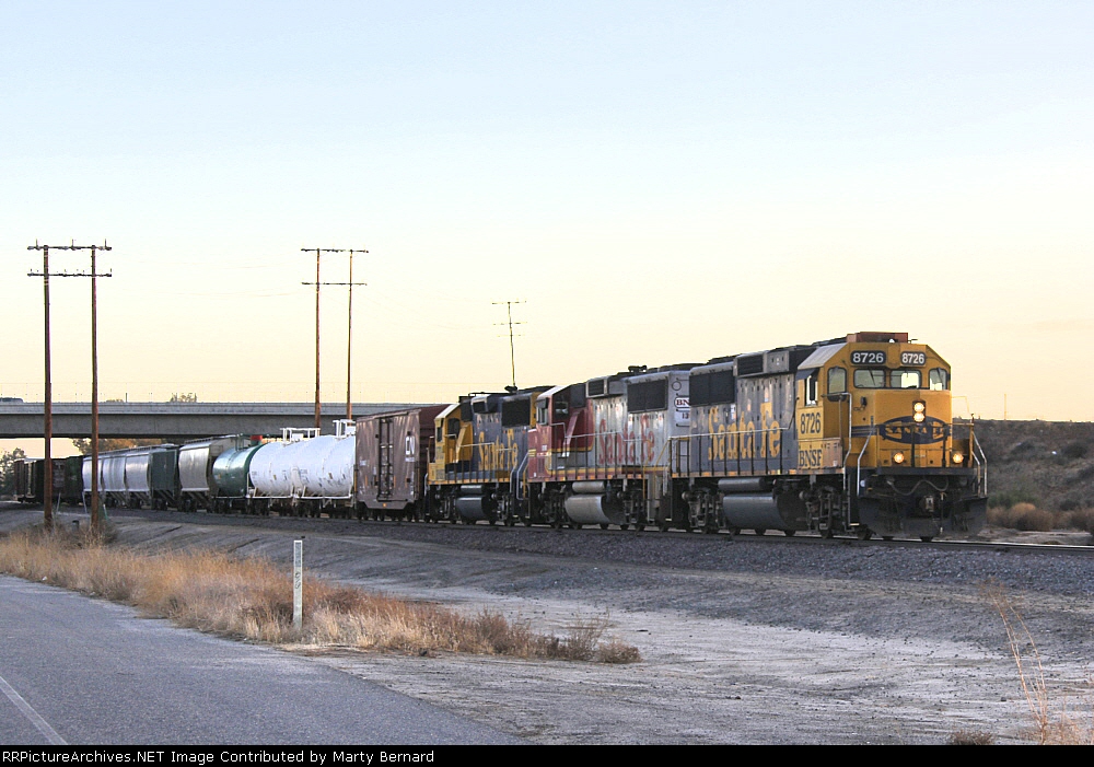 BNSF 8726, 136, and 8705 Northbound Just After Sunset